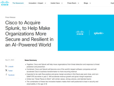 米シスコ、ログデータ分析のSplunkを約280億ドルで買収へ | IT Leaders